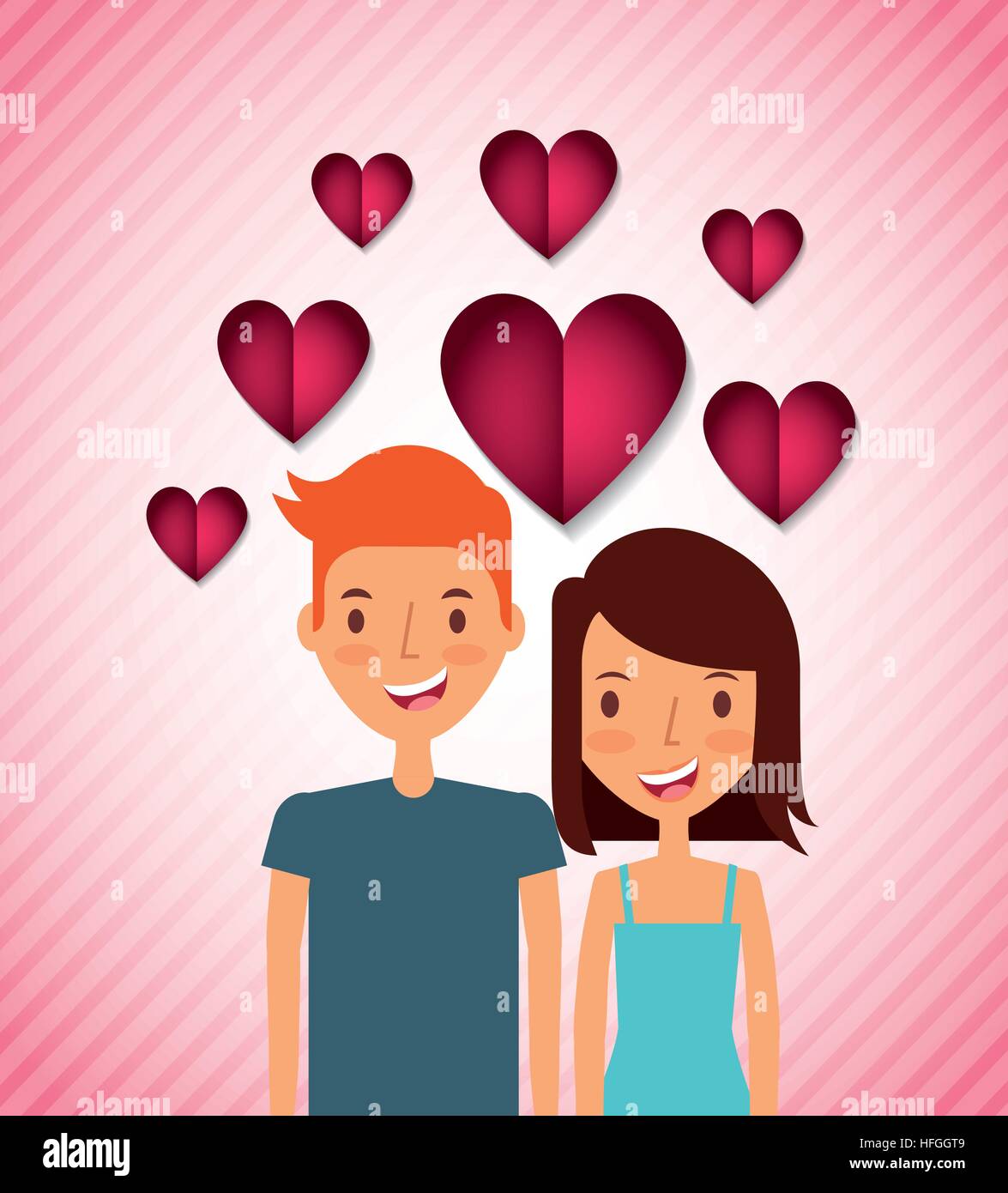 cartoon young couple in love with hearts icon over pink background ...
