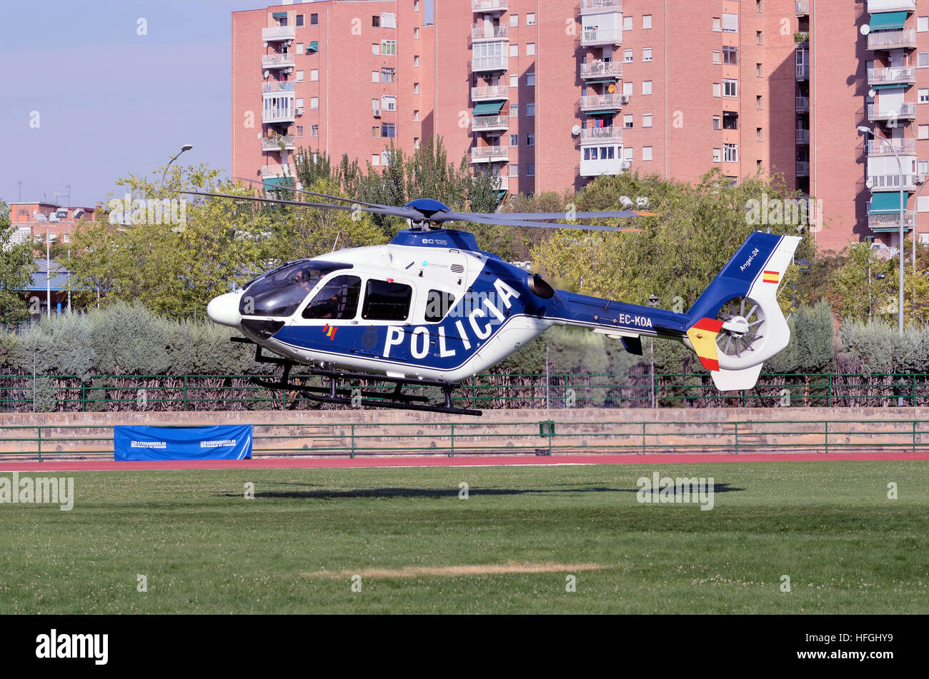 Spanish police helicopter is landing, during an airshow of spanish ...