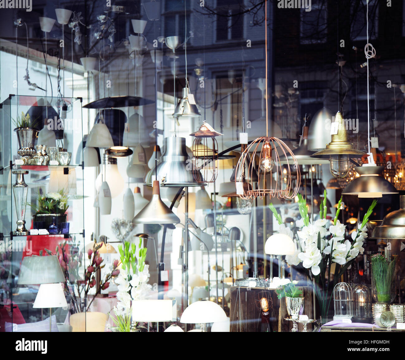 electric- light store. chandelier interior window Stock Photo - Alamy
