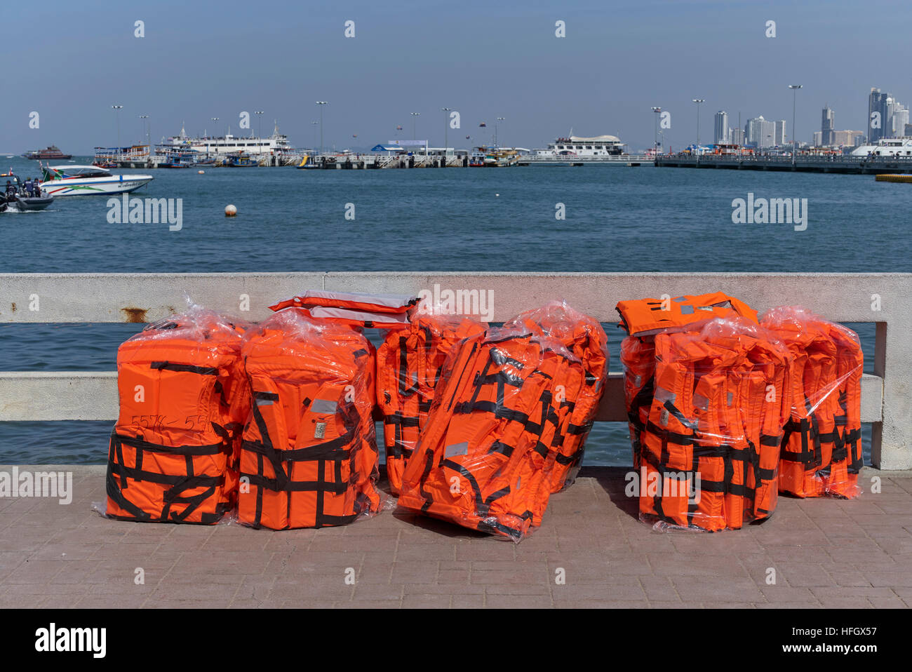 Life jackets. Reflective orange Stock Photo - Alamy