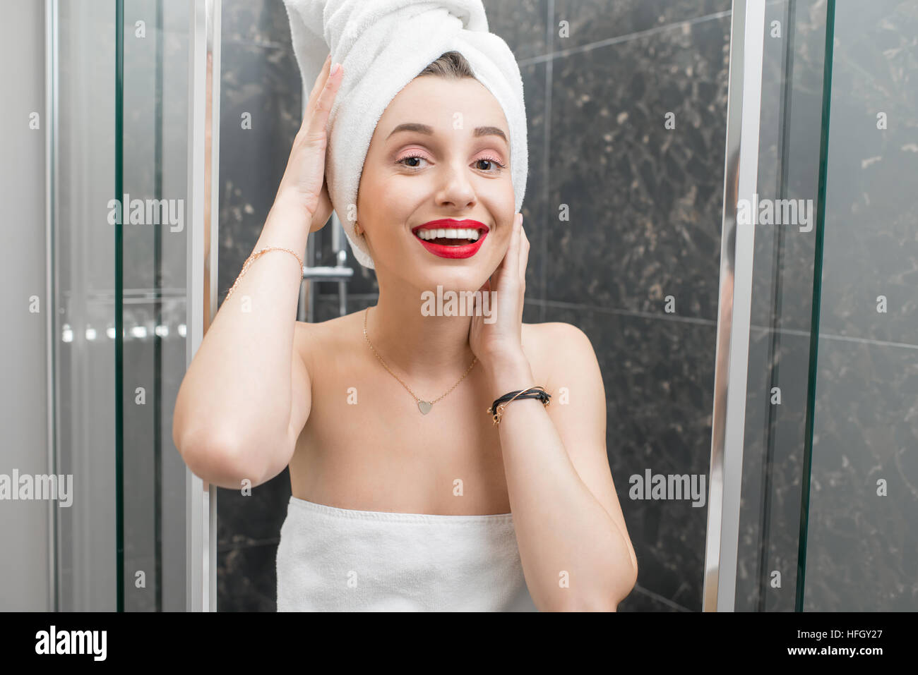 Woman towel shower shower hi-res stock photography and images - Alamy