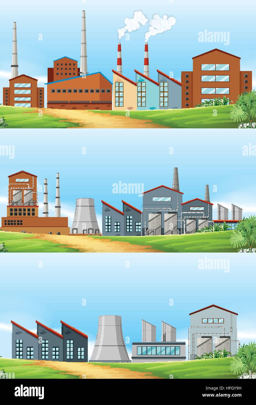 Three scenes with factories in the field illustration Stock Vector ...