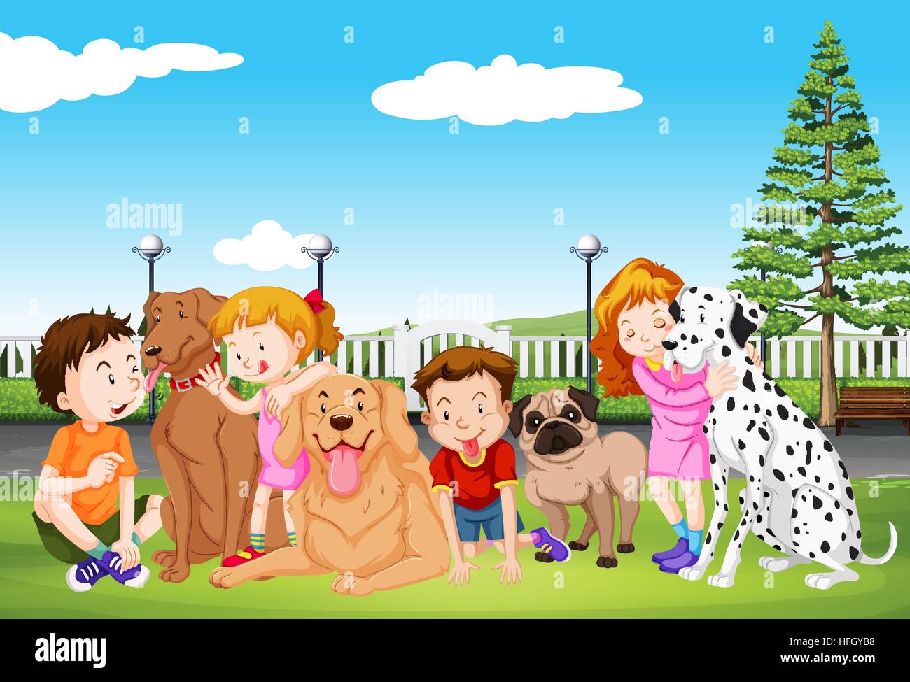 Kids and their pet dogs in the park illustration Stock Vector Image ...