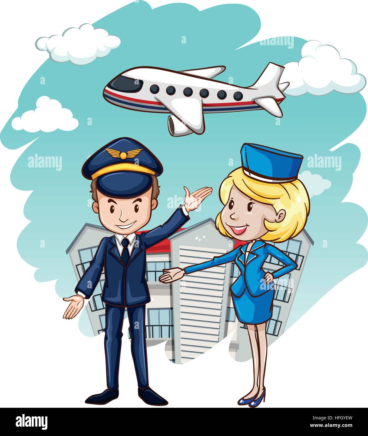Pilot and flight attendant with airplane in background illustration ...