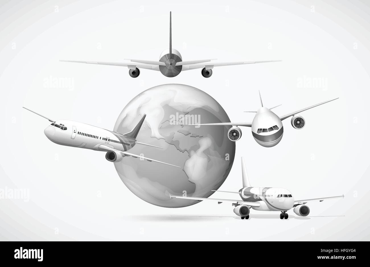 Airplanes flying around the earth in grayscale illustration Stock ...