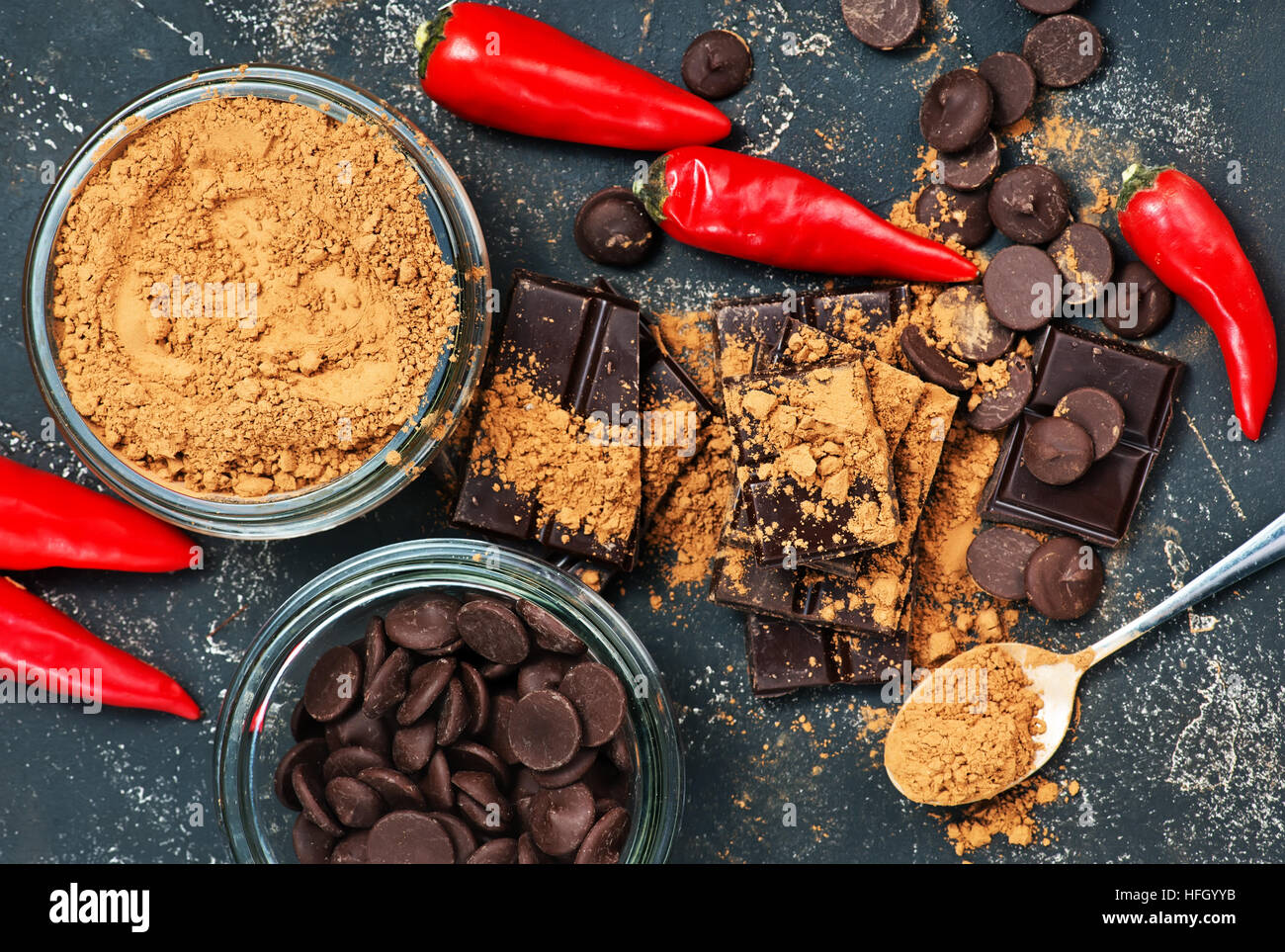 chocolate and cocoa powder on a table Stock Photo - Alamy