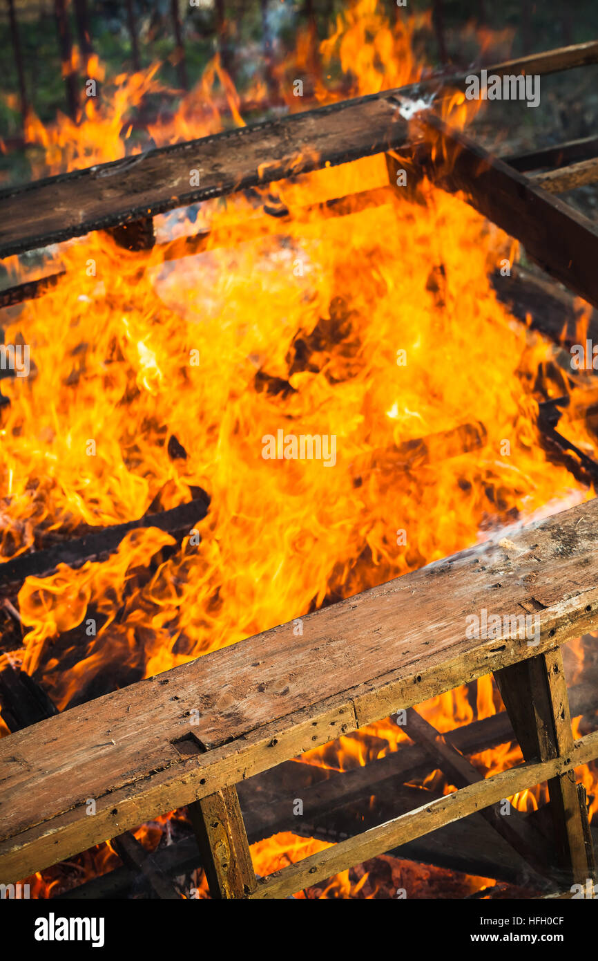 Close-up photo of burning wooden boxes in big bonfire Stock Photo - Alamy