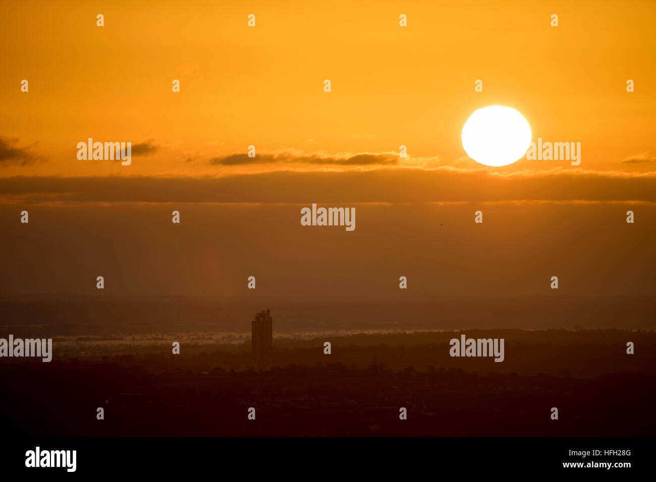 Sunrise over a rural welsh landscape near to the village of Rhosesmor ...