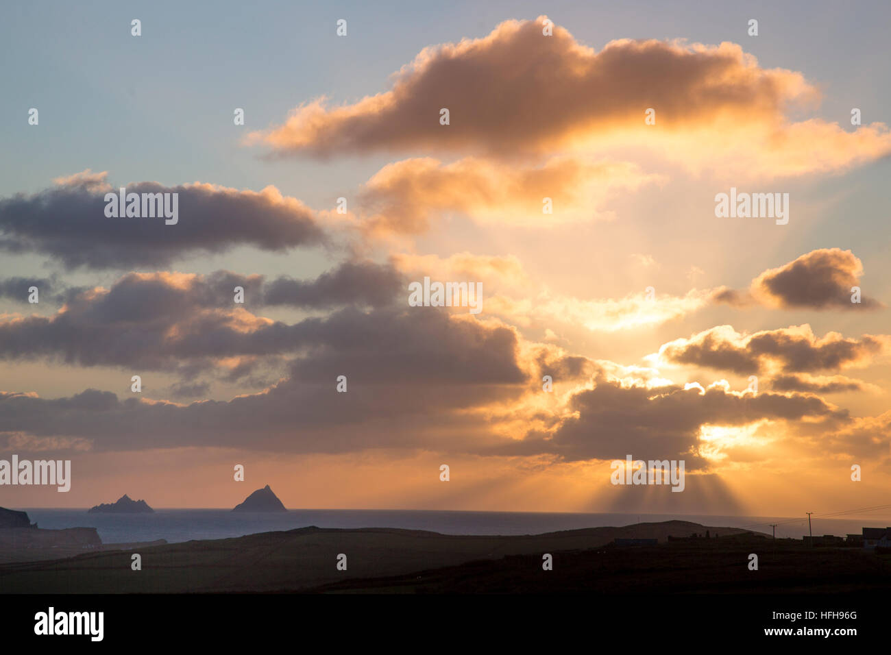 Sunset over the Skellig rocks, off Valentia Island, County Kerry ...