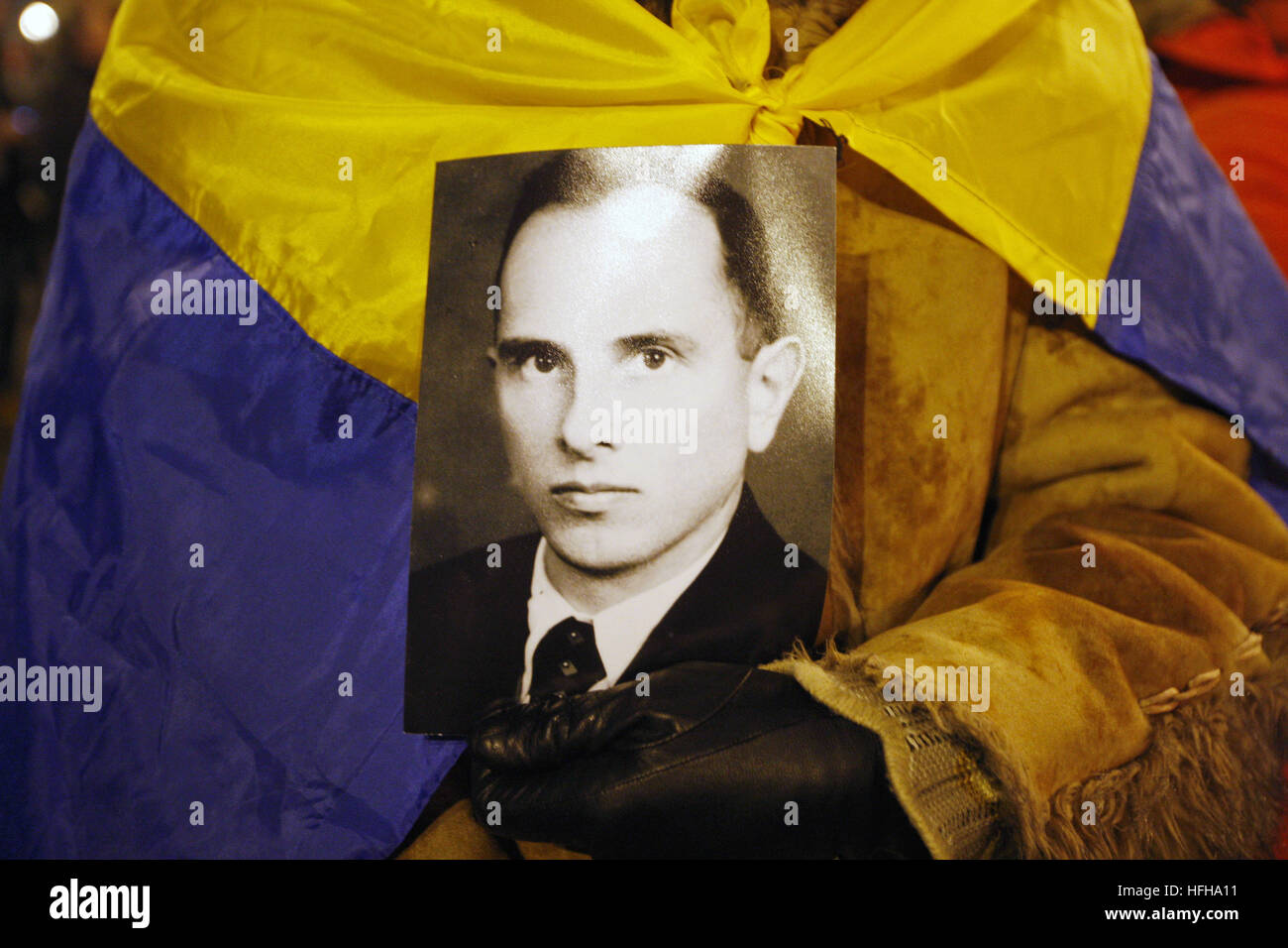 Kiev, Ukraine. 1st Jan, 2017. Ukrainian woman holds STEPAN BANDERA ...