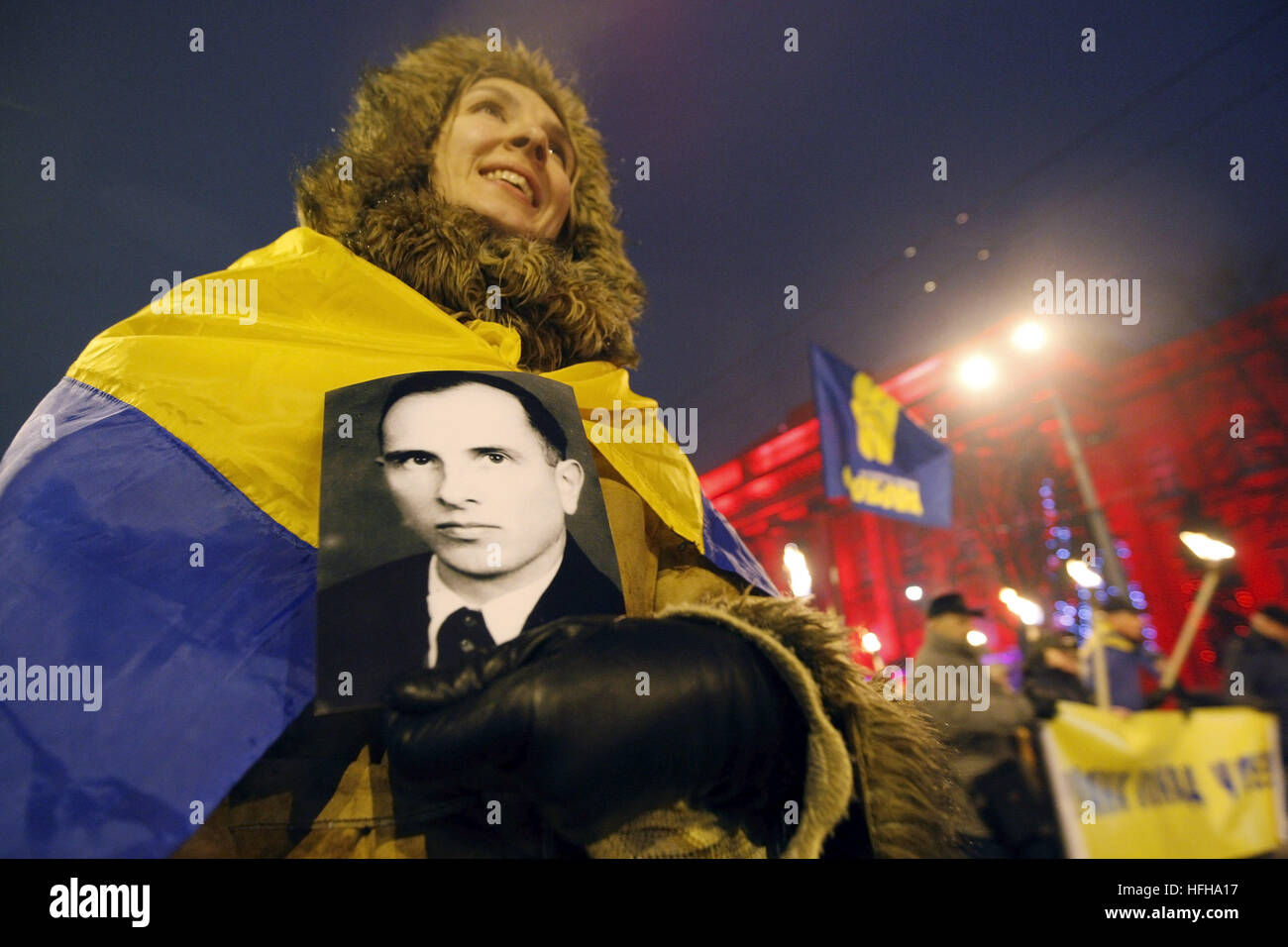 Kiev, Ukraine. 1st Jan, 2017. Ukrainian woman holds STEPAN BANDERA ...