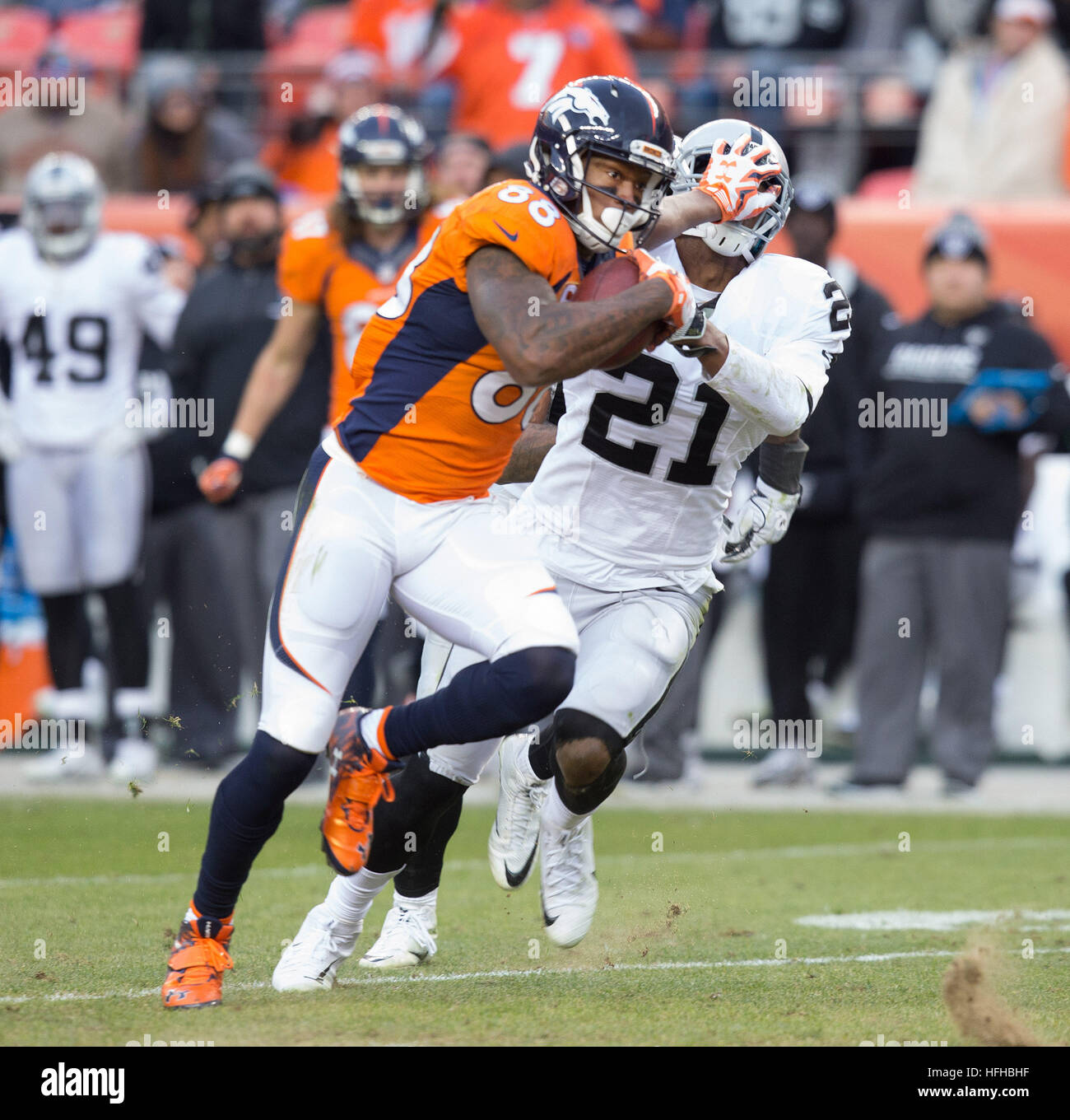 Denver, Colorado, USA. 1st Jan, 2017. Broncos WR DEMARYIUS THOMAS, left ...