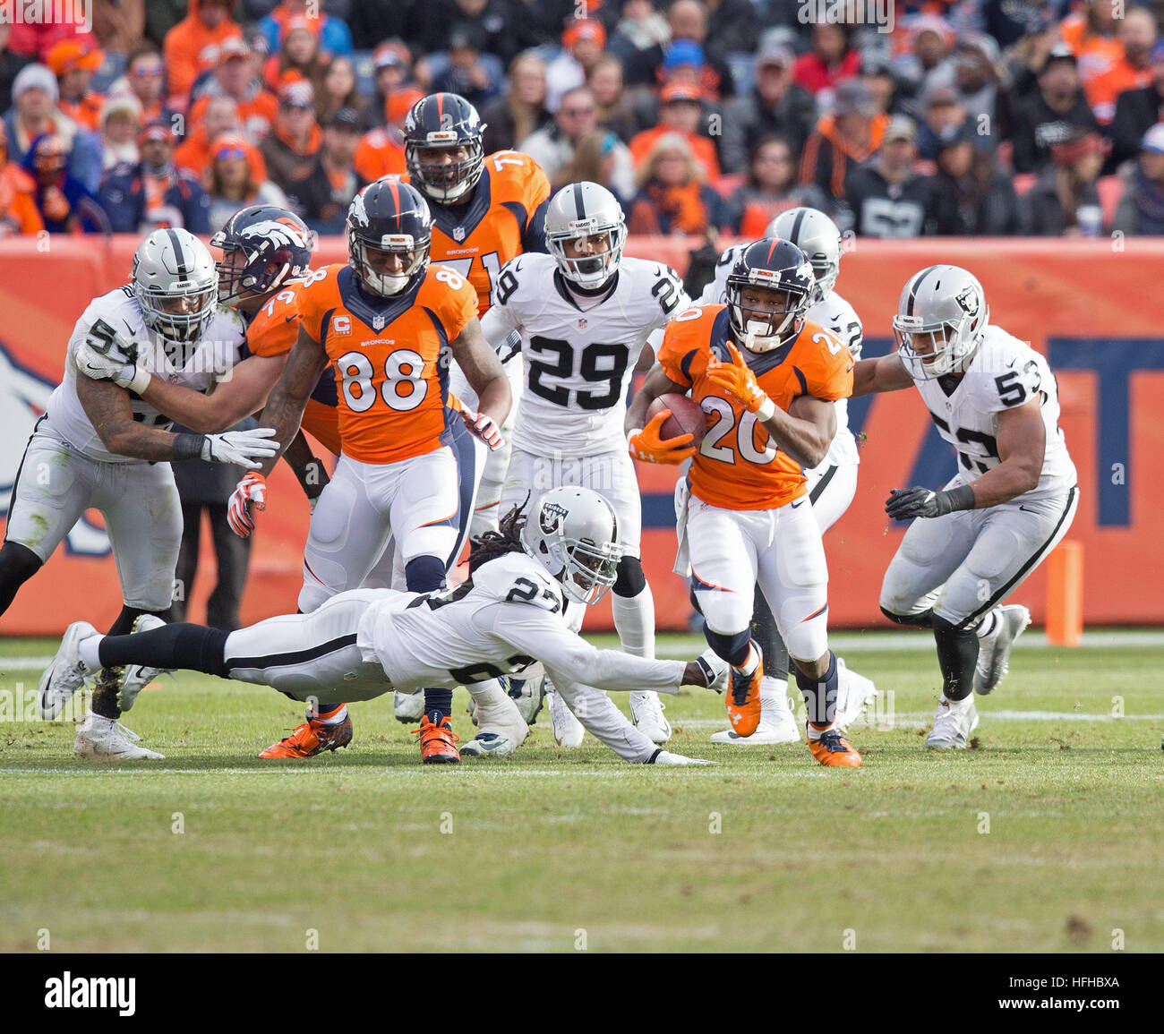 Denver, Colorado, USA. 1st Jan, 2017. Broncos RB JUSTIN FORSETT, right ...