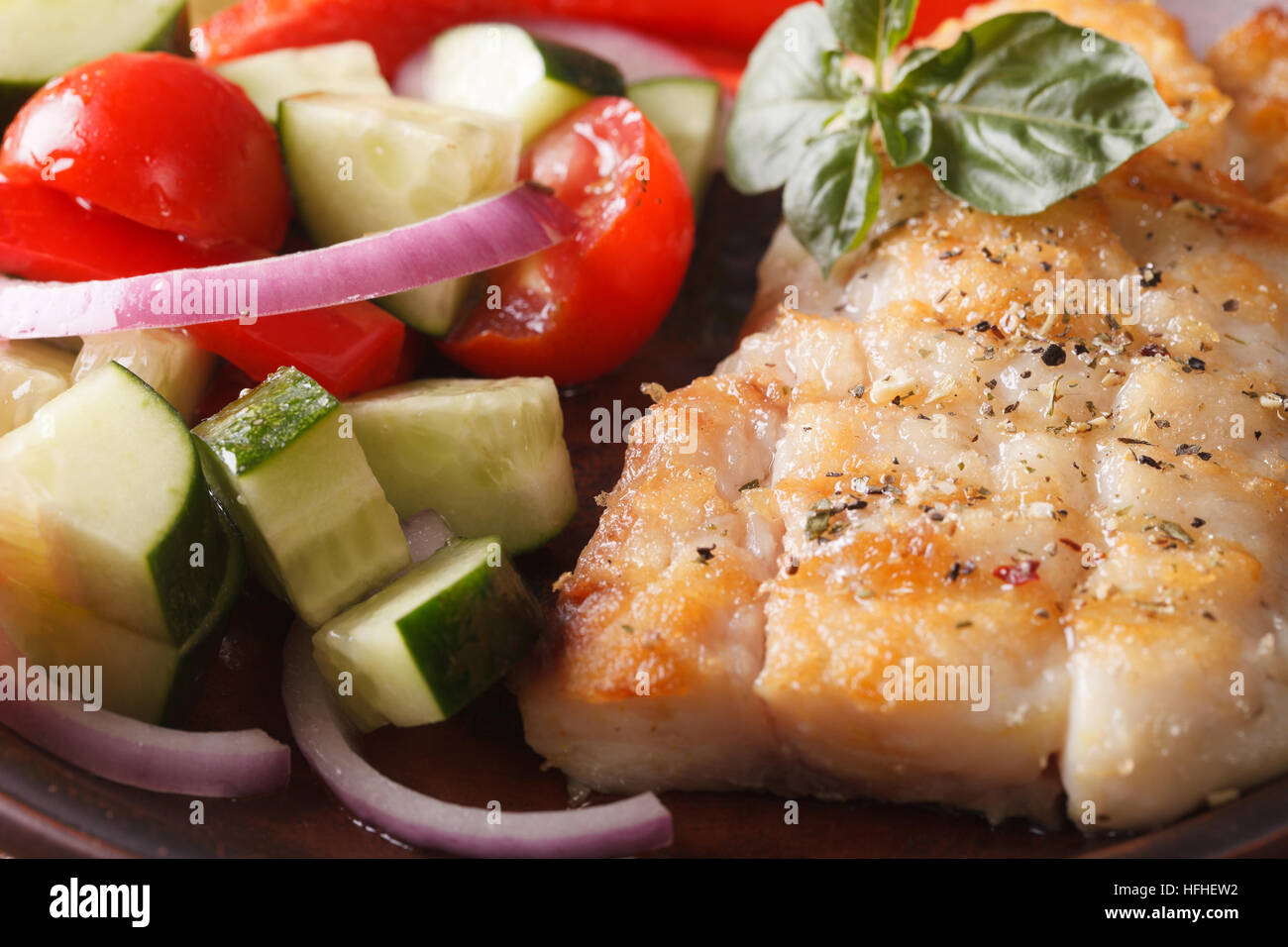 Grilled fillet of fish and fresh vegetable salad macro. horizontal ...