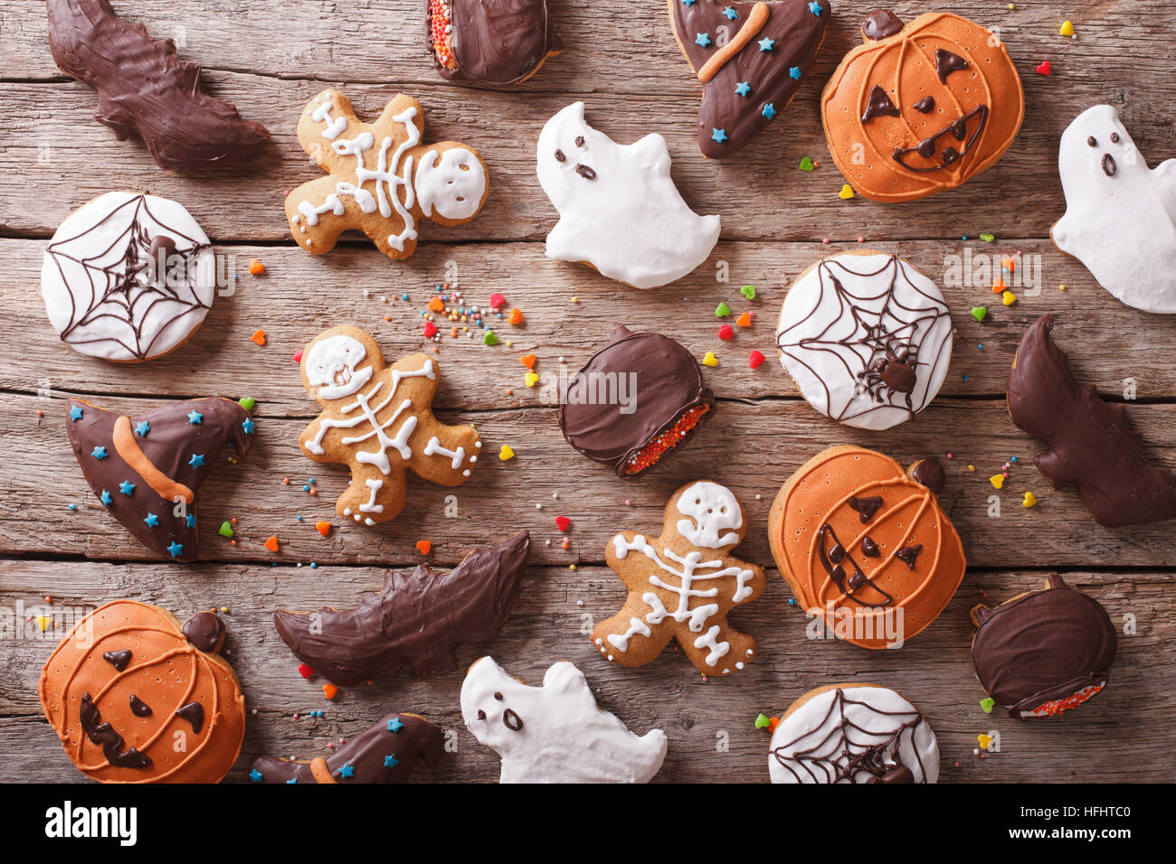 Festive Gingerbread Halloween on the table. horizontal view from above ...