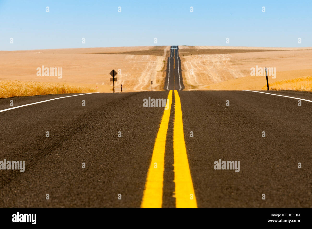 Bold yellow lines on a two lane blacktop highway running through golden ...