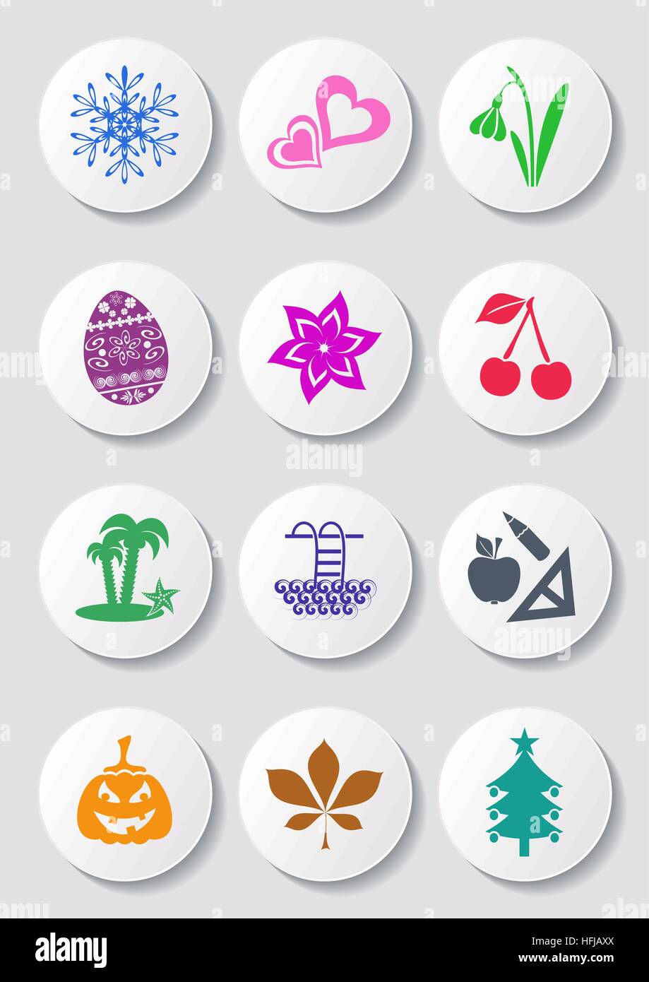 Colorful calendar month symbols collection on white buttons Stock ...
