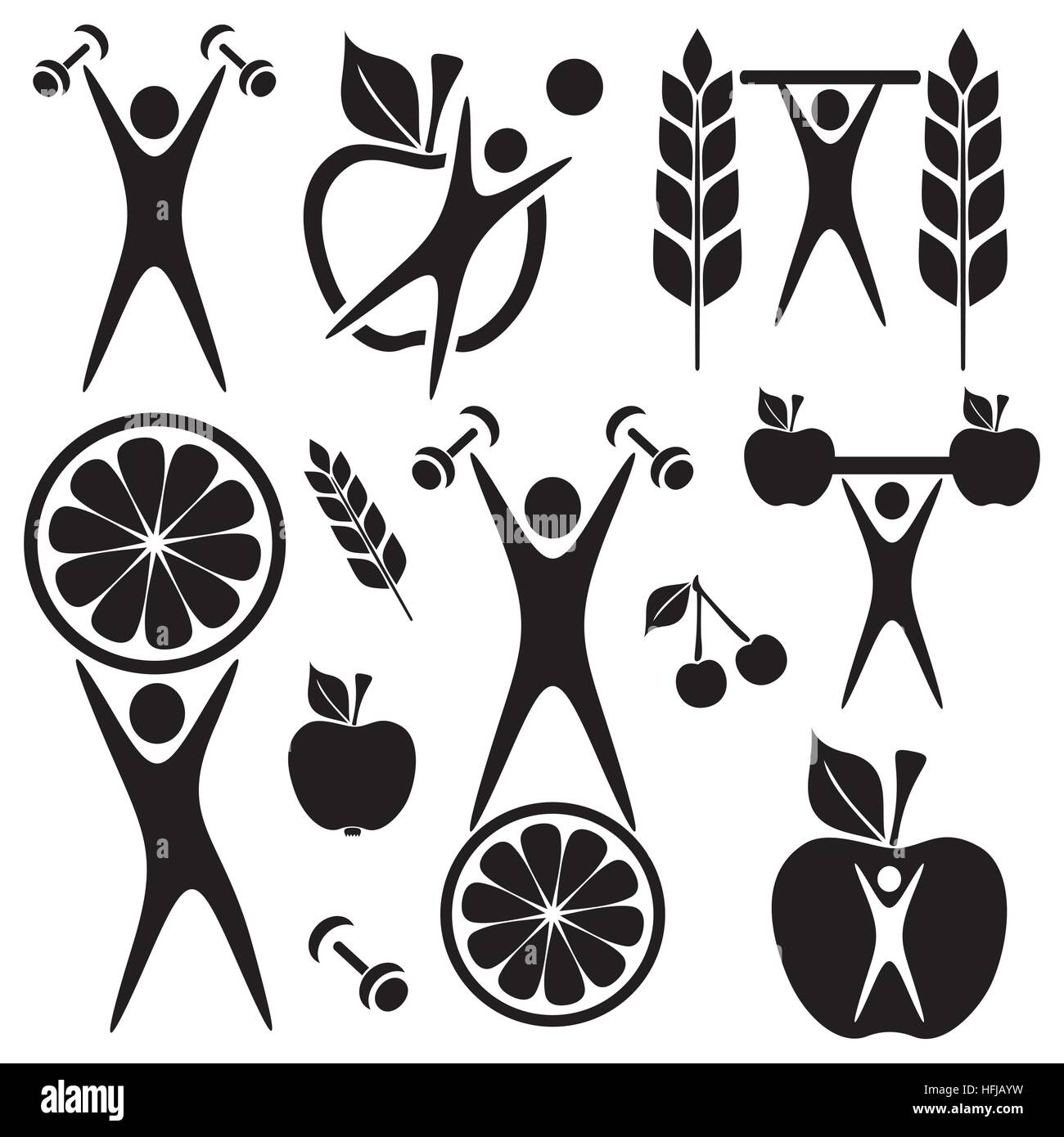Healthy food and fitness symbols and exercising figures Stock Vector ...