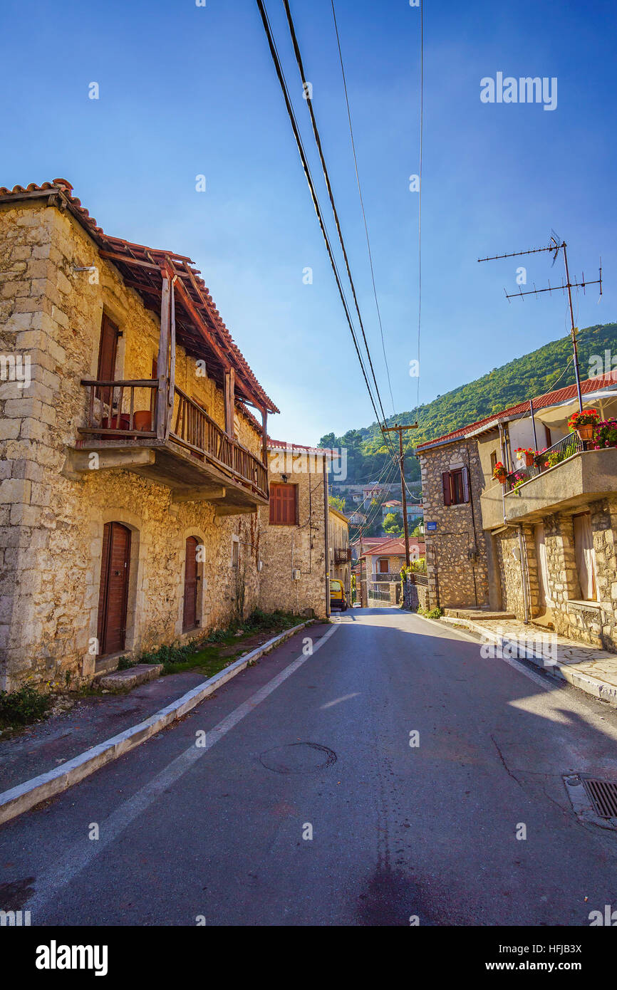 The main street of the famous Stemnitsa village located in Arcadia ...