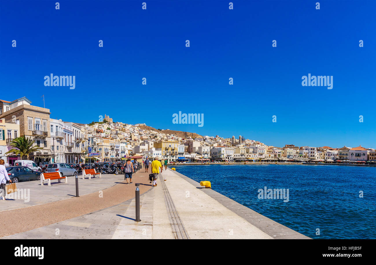 Panoramic view of the port of syros and Ermoupolis town. Syros island ...