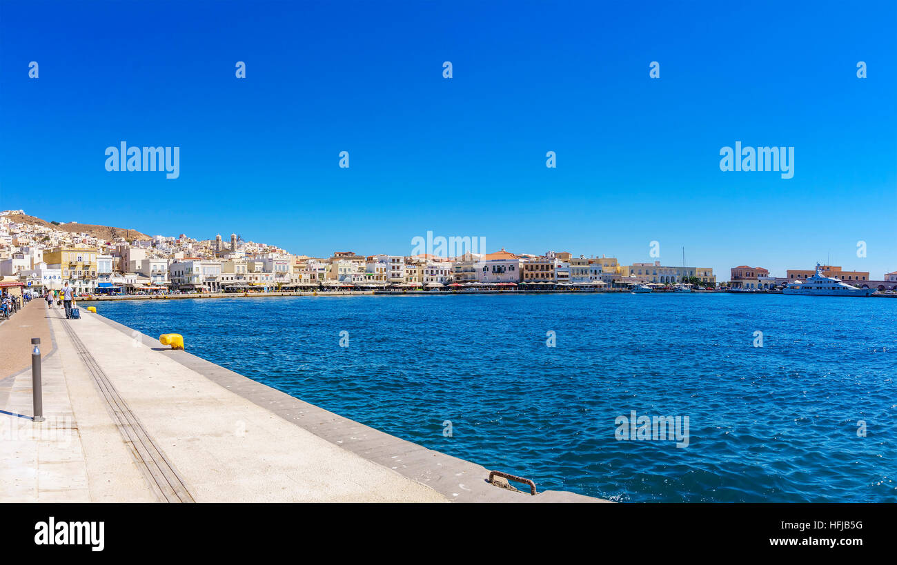 Panoramic view of the port of syros and Ermoupolis town. Syros island ...