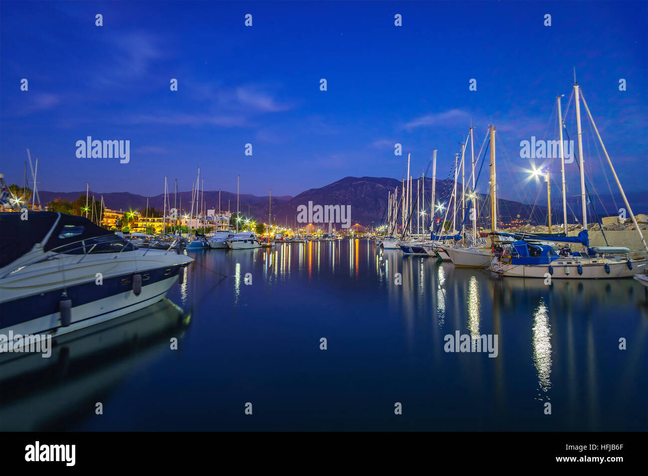 Idyllic landscape with beautiful reflections in Kalamata's Marina at ...