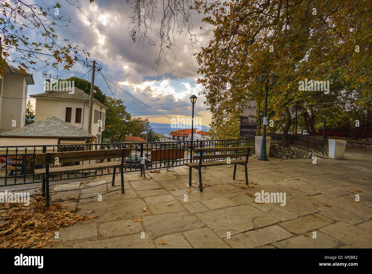The picturesque paved square with a wonderful view in Portaria village ...