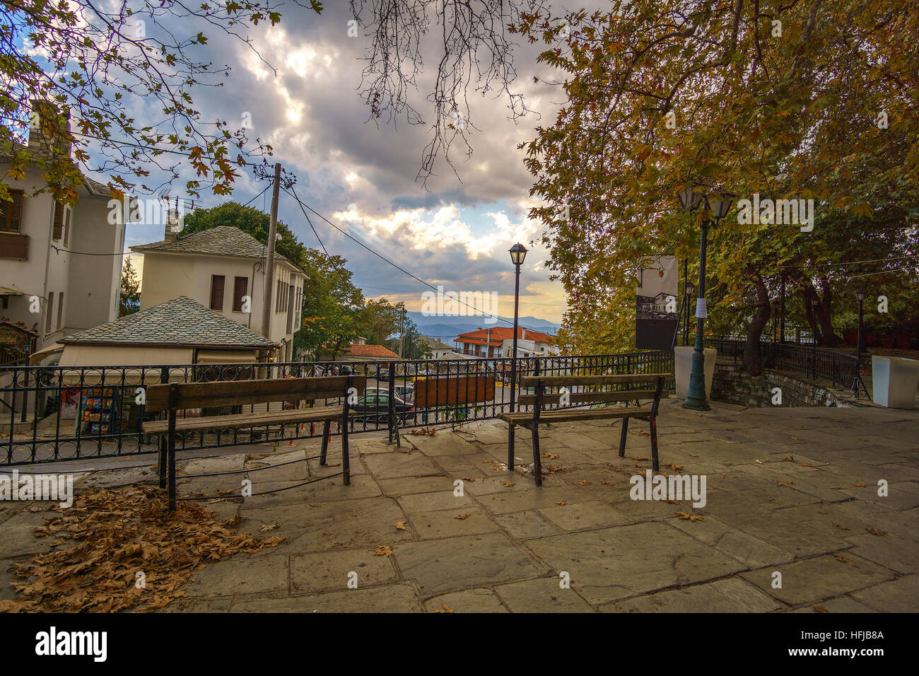The picturesque paved square with a wonderful view in Portaria village ...