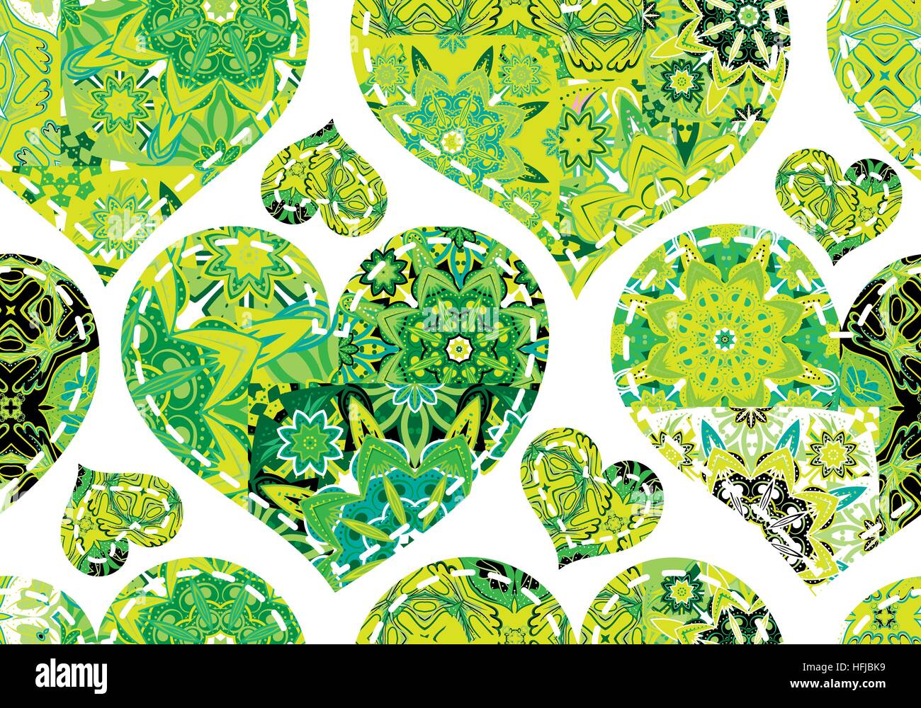 Seamless pattern with collection colorful green hearts in vintage ...