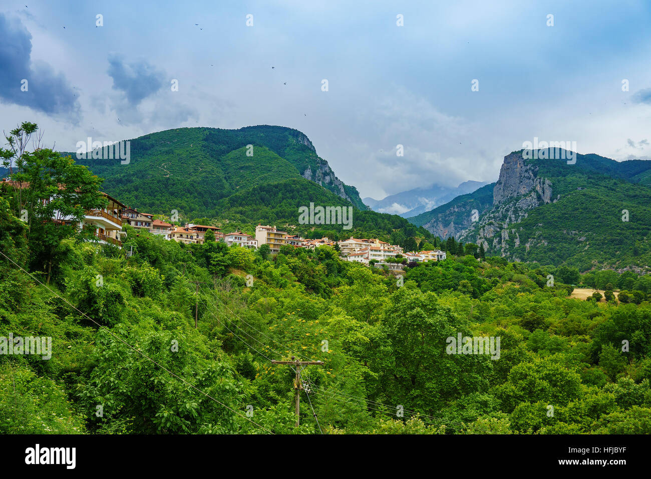 Litohoro village, beneath the Mount Olympus. Pieria, Greece Stock Photo ...