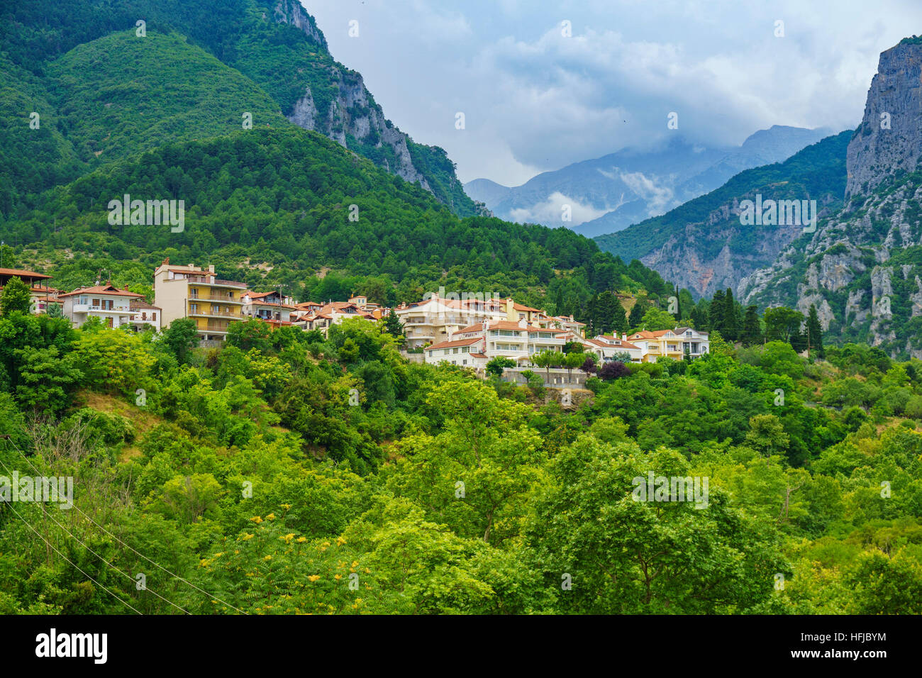 Litohoro village, beneath the Mount Olympus. Pieria, Greece Stock Photo ...