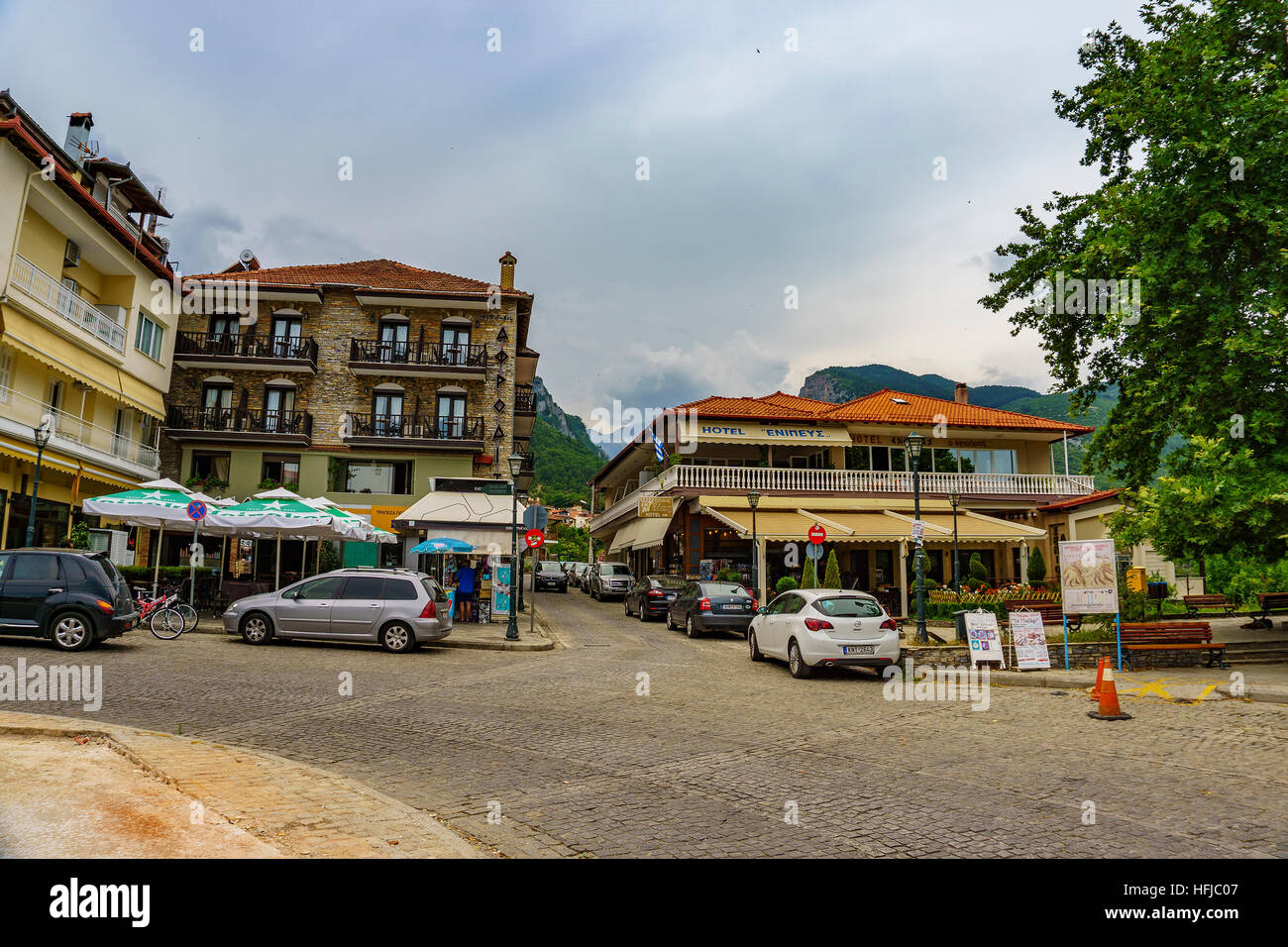 Litohoro village, beneath the Mount Olympus. Pieria, Greece Stock Photo ...