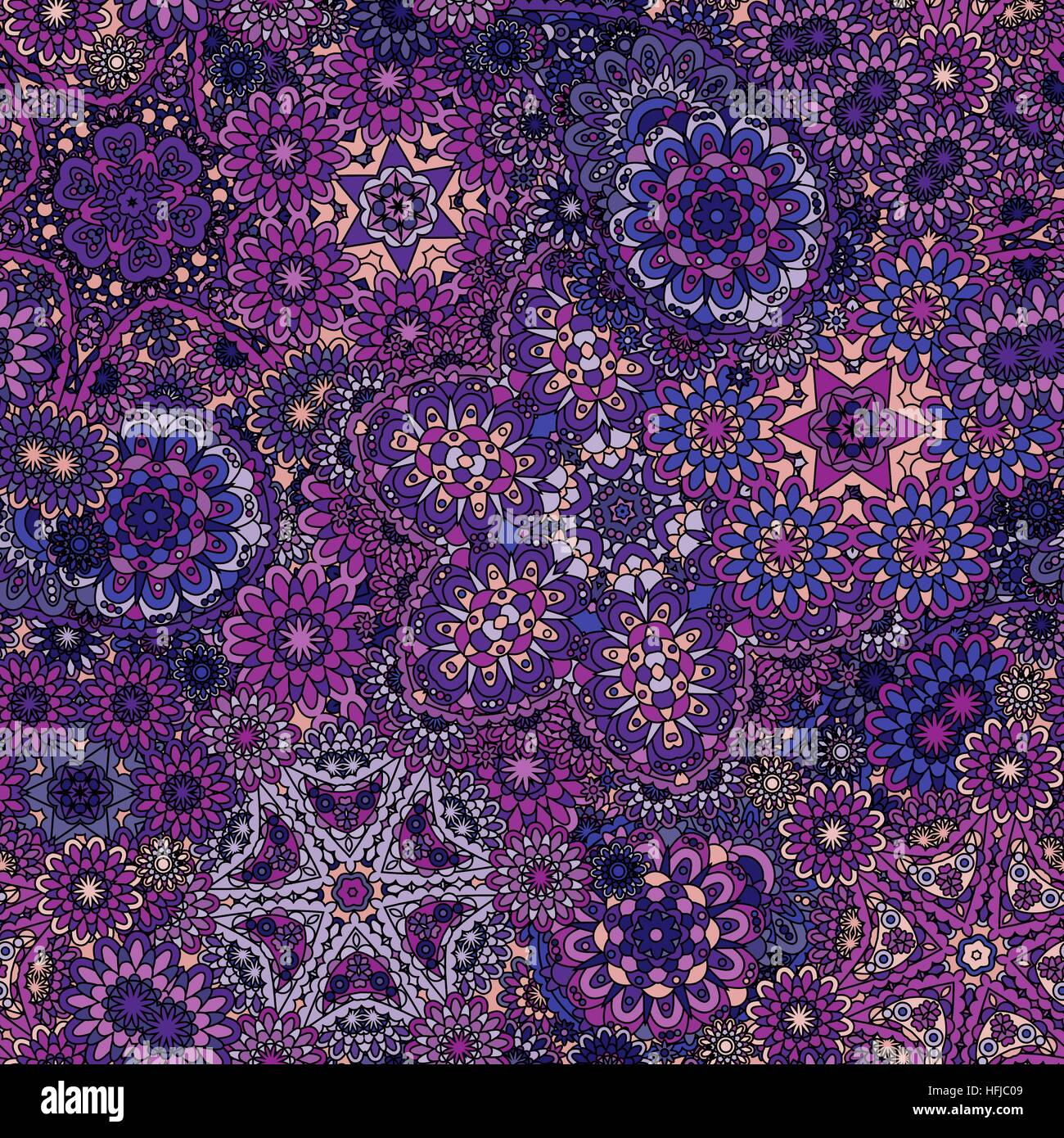 Seamless asian ethnic floral retro doodle violet lilac blue background ...