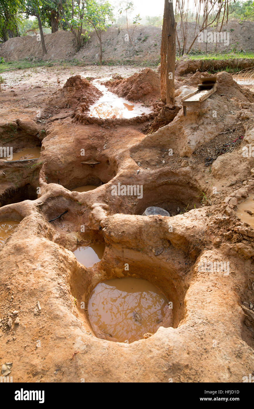 Kiniero, Guinea, 30th April 2015: Miner's ore-washing pits near Kiniero ...