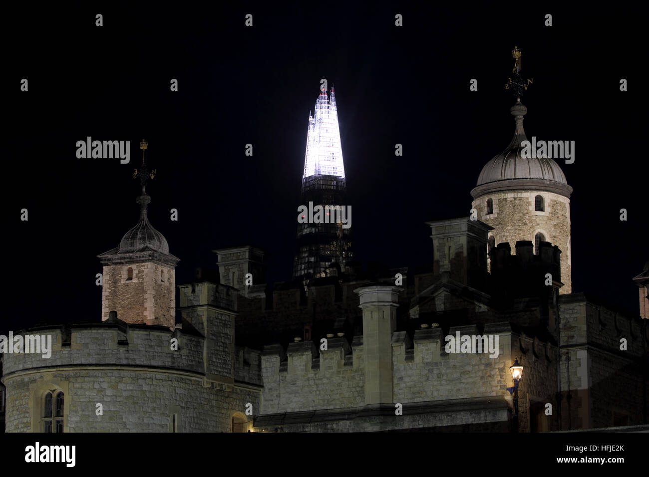 The Shard and The Tower of London at night with glowing Christmas ...