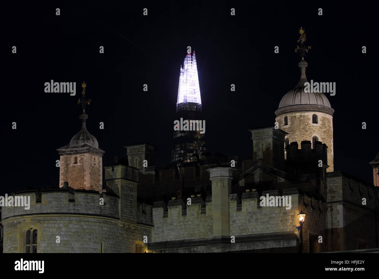 The Shard and The Tower of London at night with glowing Christmas ...