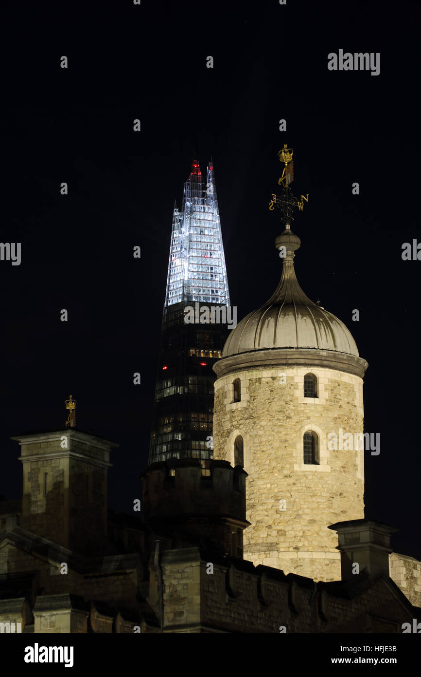 The Shard and The Tower of London at night with glowing Christmas ...