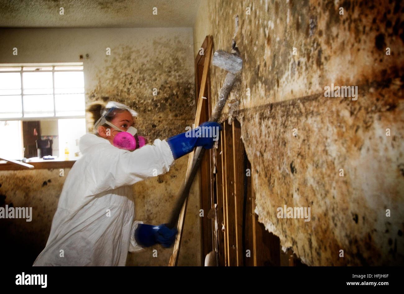 Volunteers in protective gear strip heavily molded drywall and contents ...
