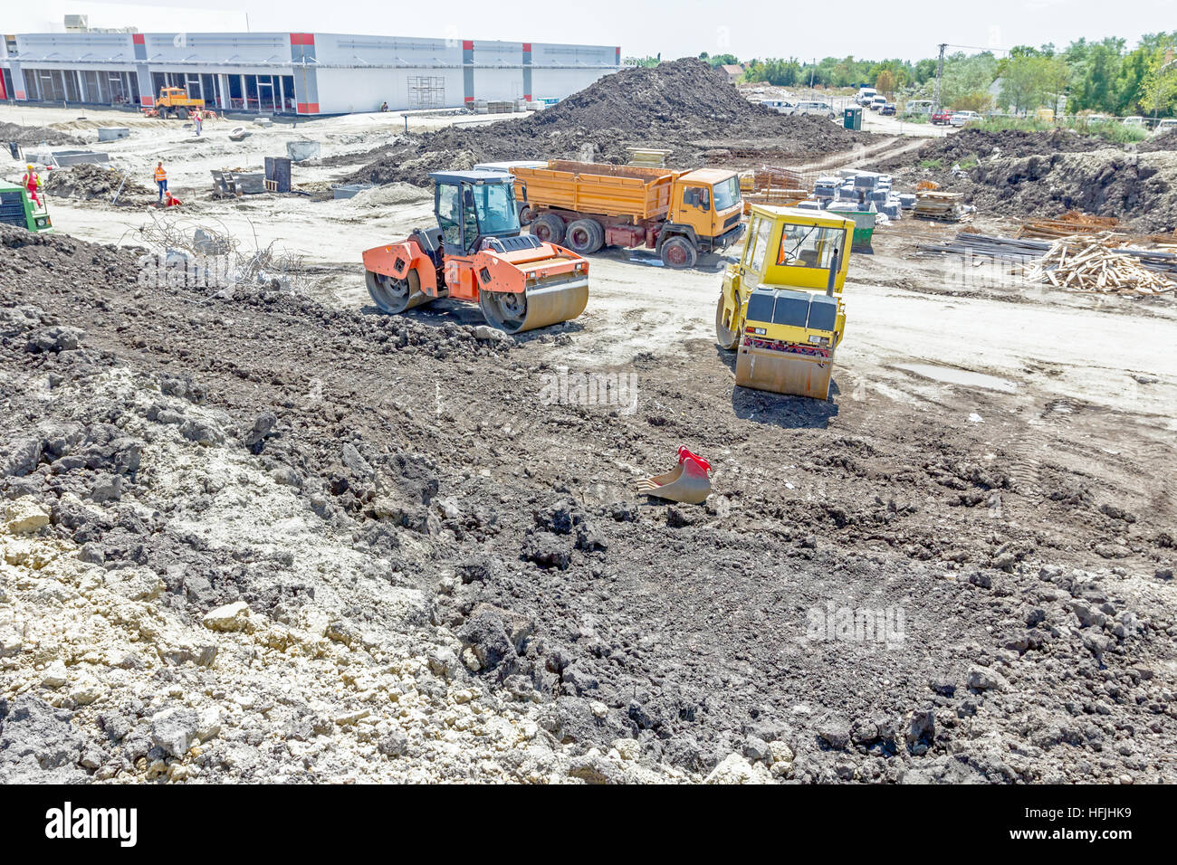 Steamroller is parked at building site. Machinery for road construction ...