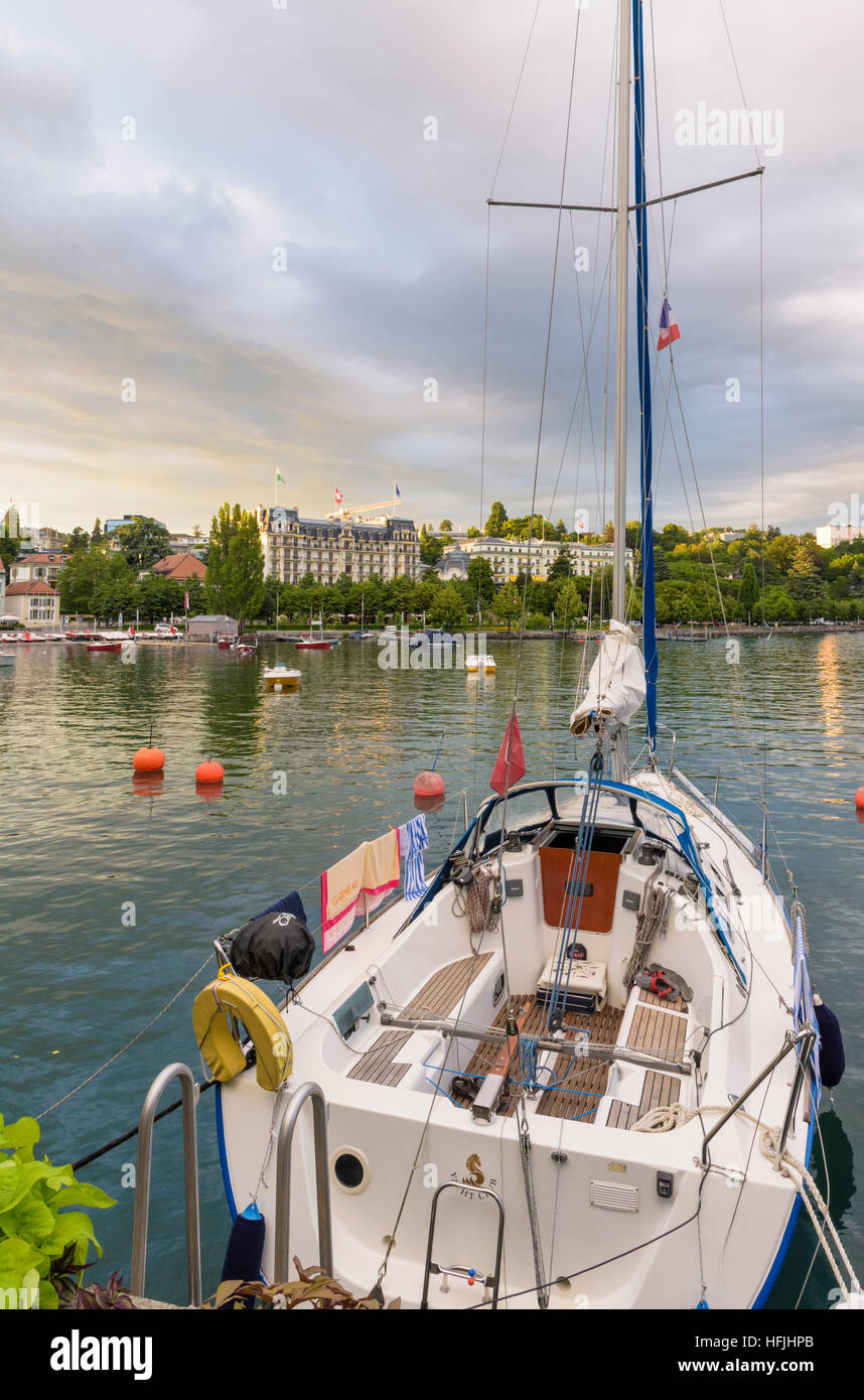 Yacht moored at the port of Ouchy, Lausanne, Vaud, Switzerland Stock ...