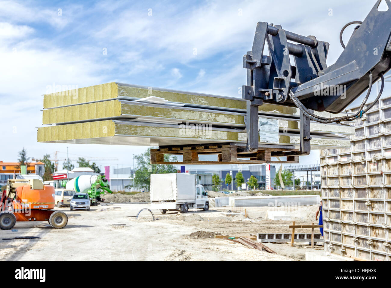 Logistics concept, view on telescopic forklift that is carries ...