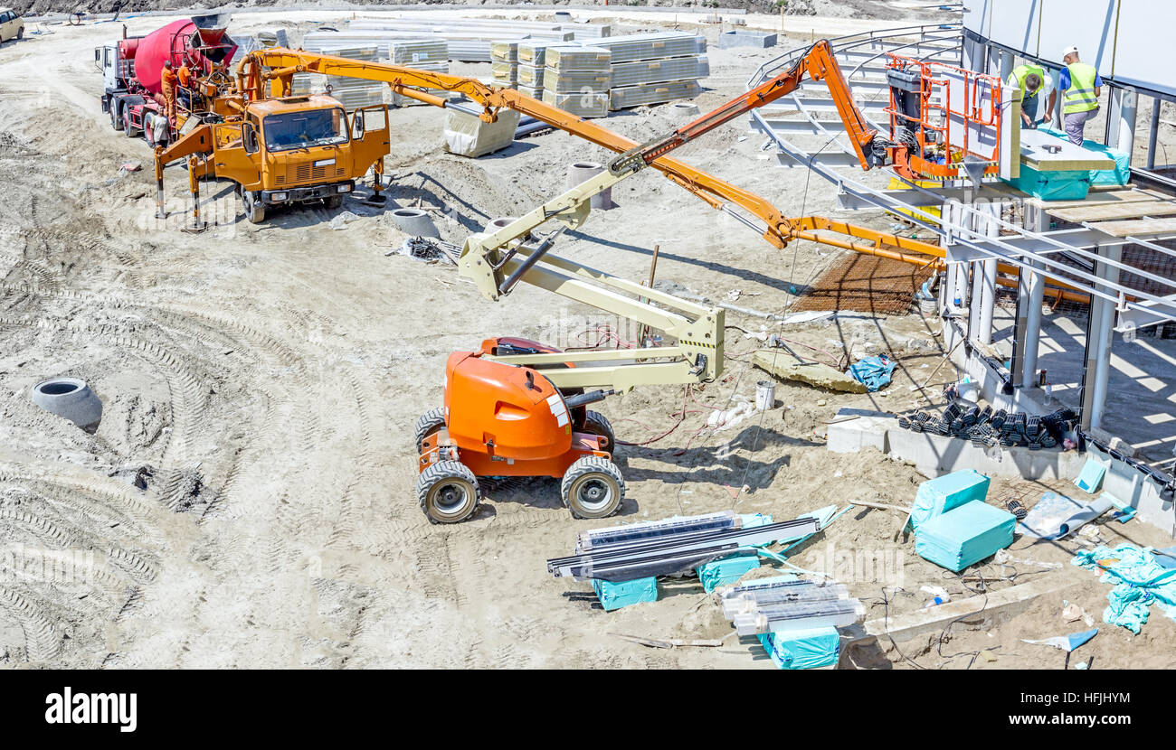 Concrete transport from mixer truck until is pouring concrete into ...