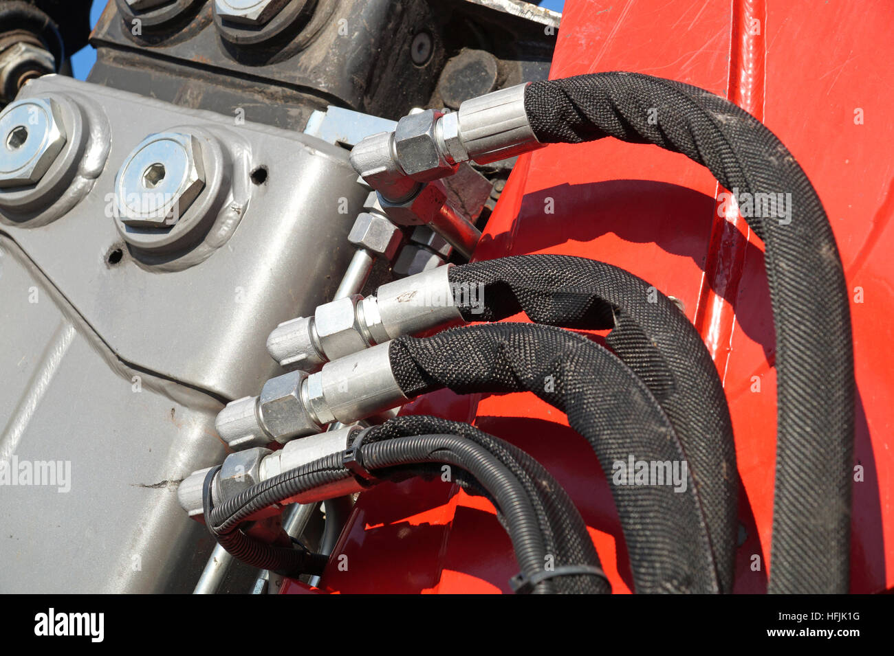 Hydraulic connections hoses of a machinery industrial detail Stock ...