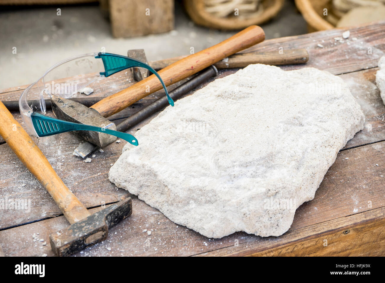 Workplace, Traditional tools sculptor, wood, hammers and chisels for ...