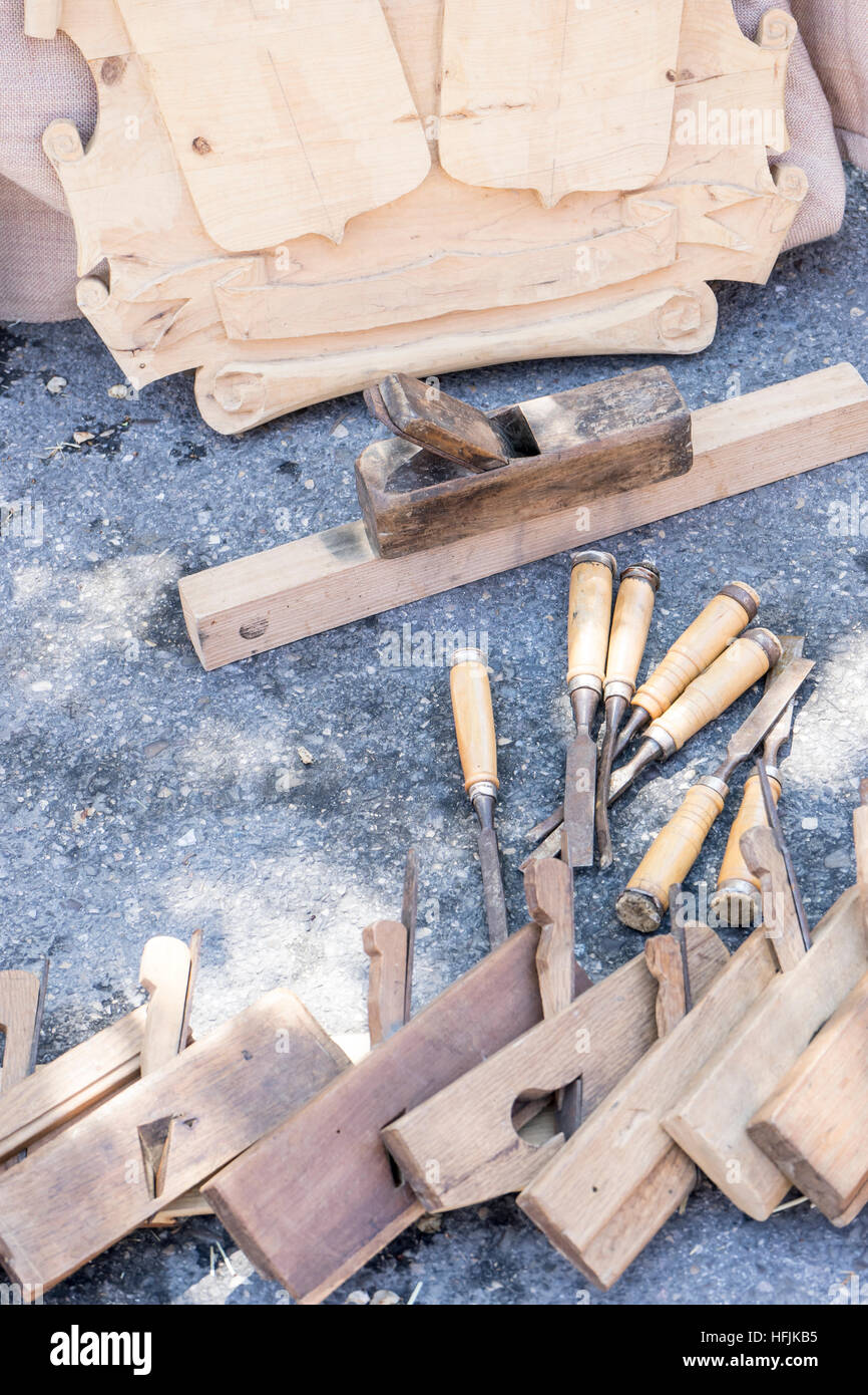 Traditional tools sculptor, wood, hammers and chisels for working stone ...