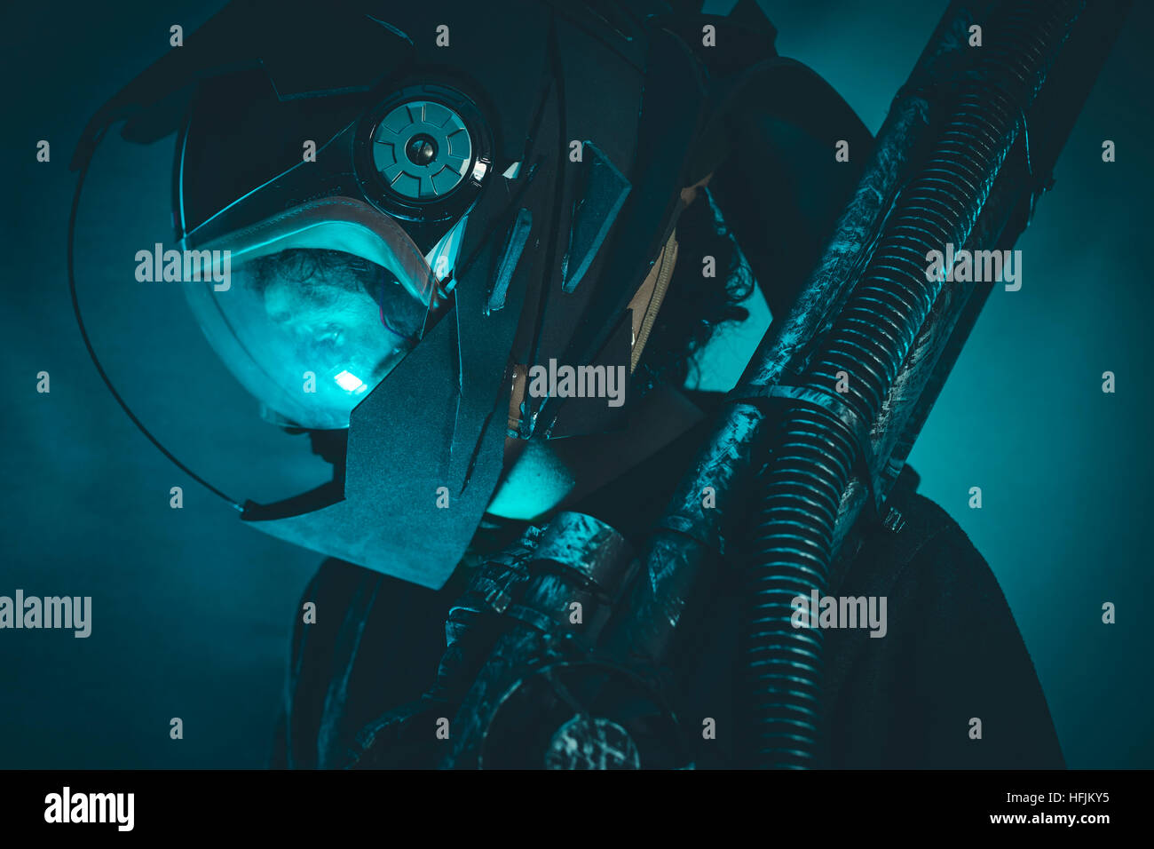 Soldier, Space man with metal helmet and laser beam weapon Stock Photo ...