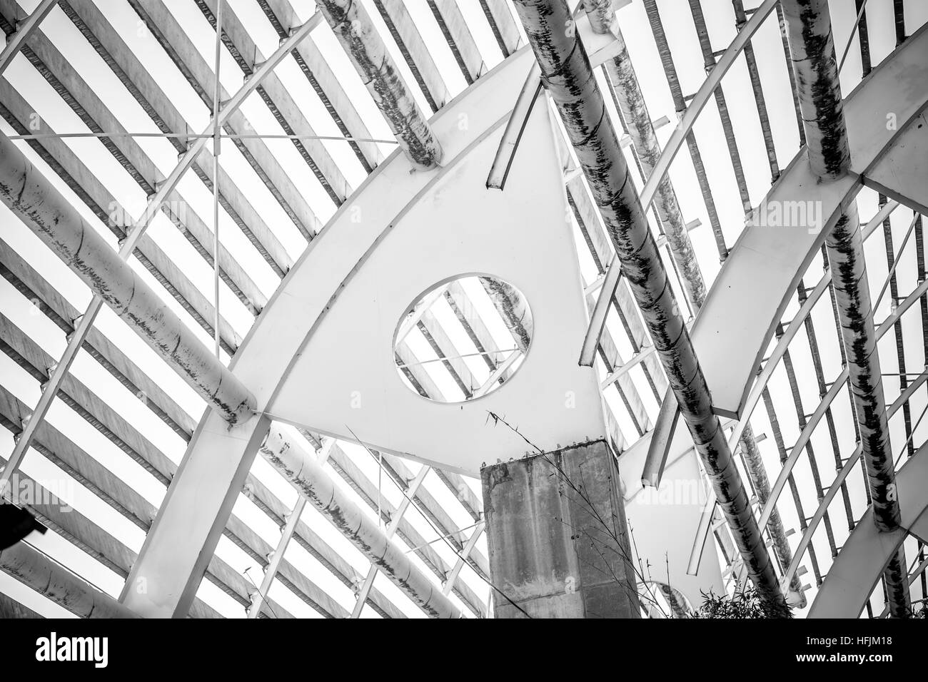 Factory, forged steel structure, metal roof with metal bars and beams ...