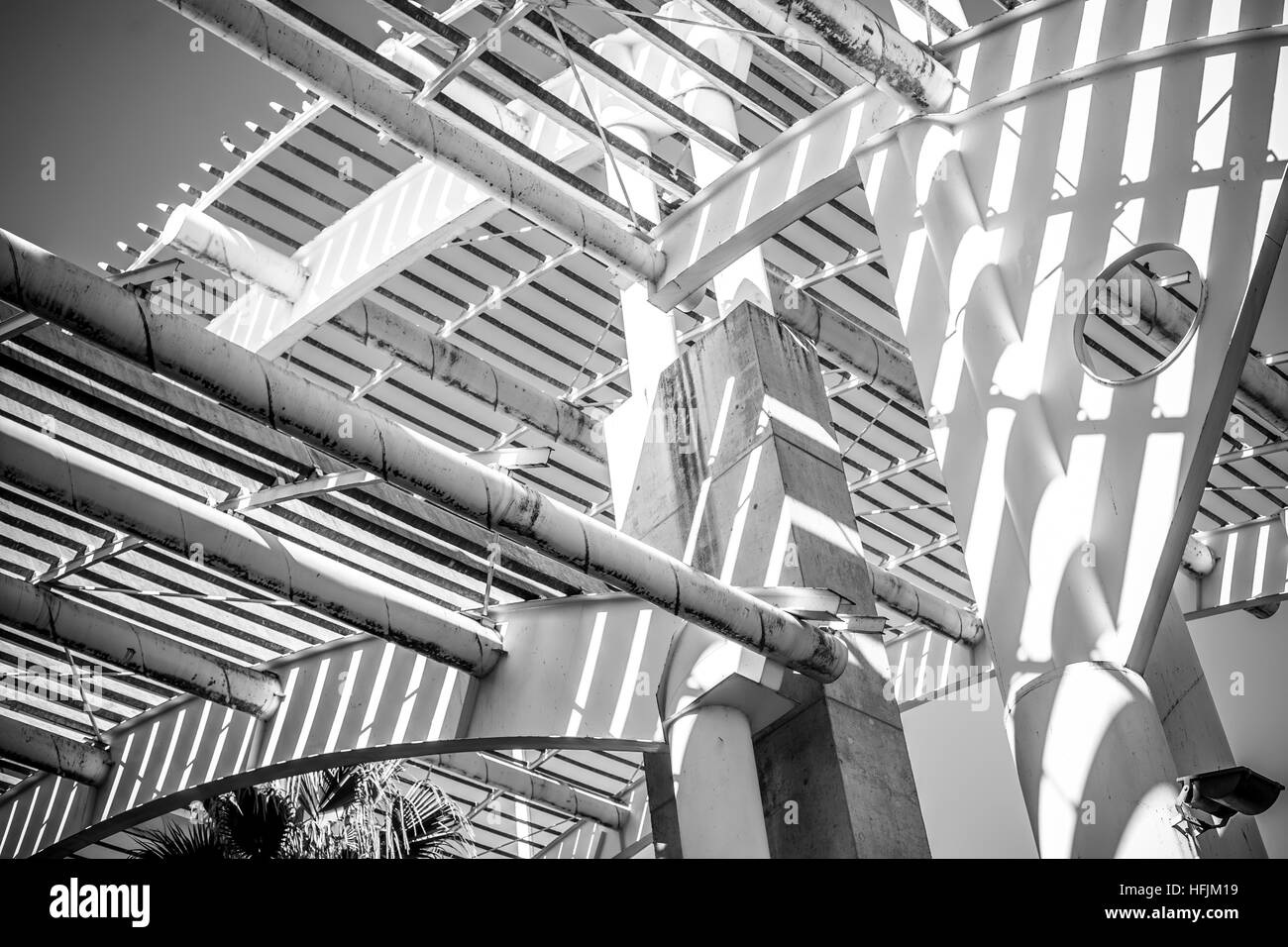 Industry, forged steel structure, metal roof with metal bars and beams ...