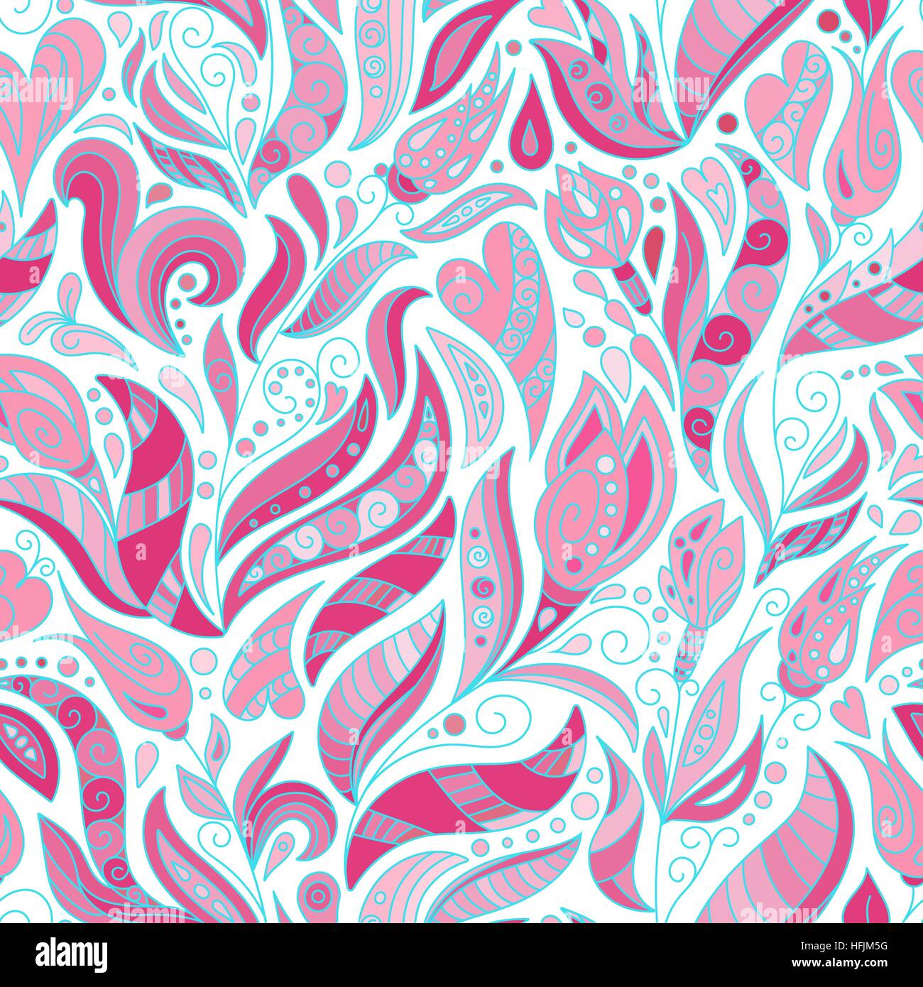 Vector seamless pattern, doodling design. Hand draw flowers, hearts and ...