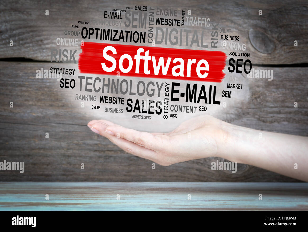 Software concept. Word cloud in female hand Stock Photo - Alamy